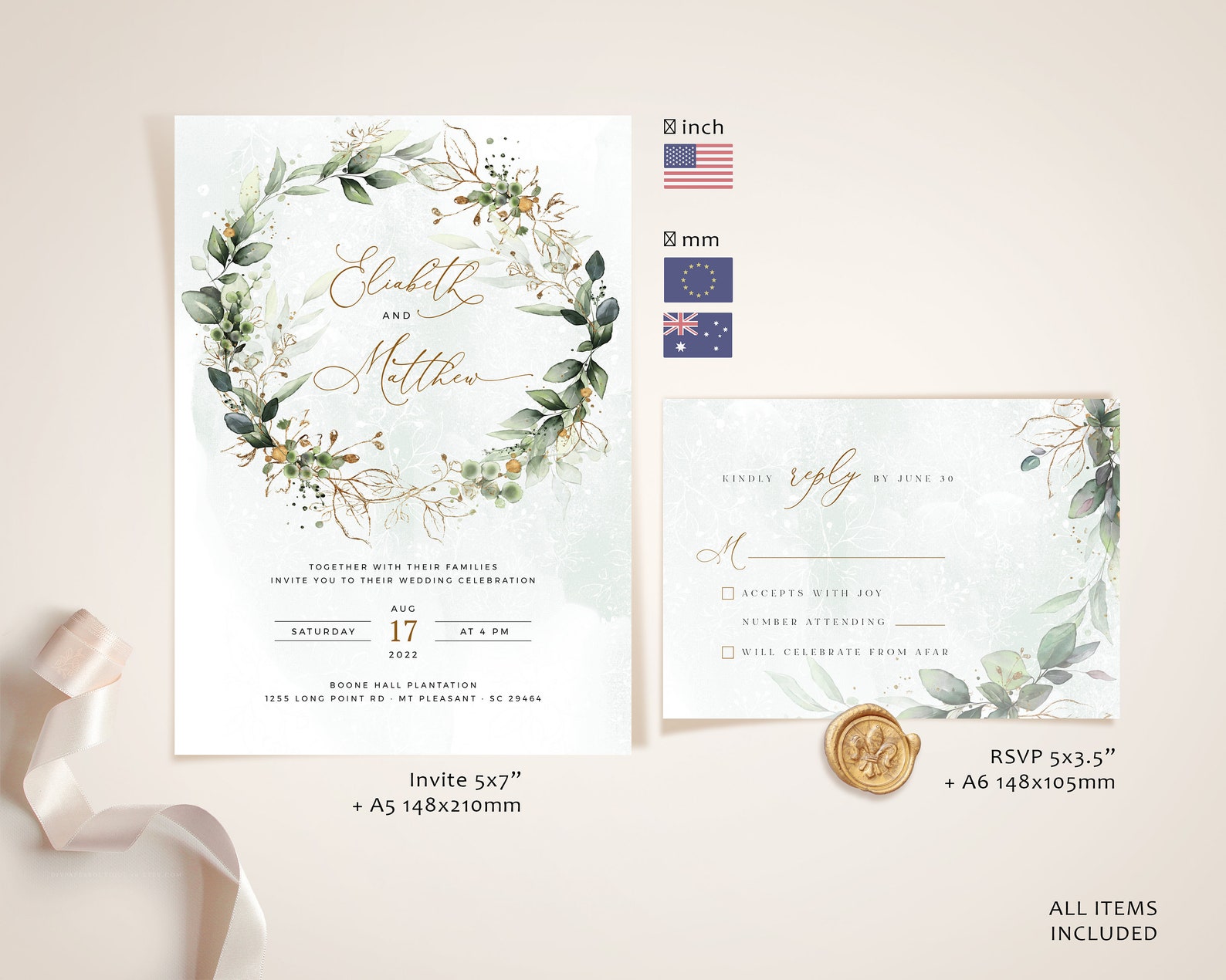 CLEO Gold Wedding Invitation Template Boho Wedding Invite - Etsy