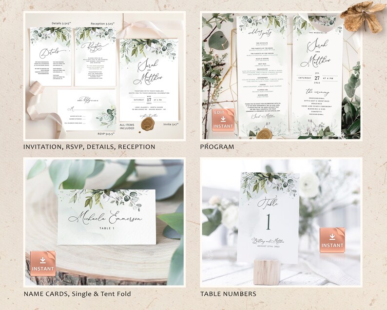 Greenery Wedding Invitation Template Set: Boho Printable (instant ...