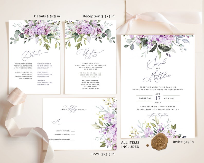 Lilac Wedding Invitation Template: Watercolor Greenery (instant ...