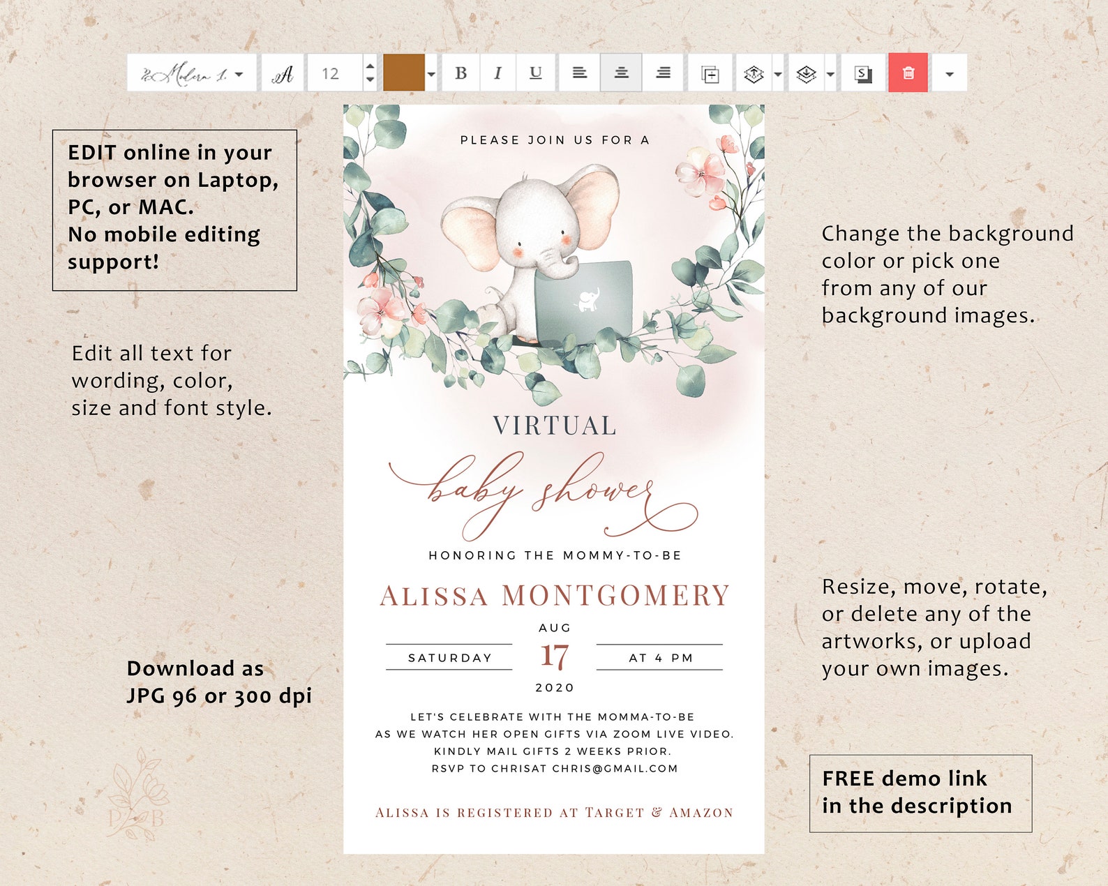 JOY Virtual Girl Baby Shower Digital Invitation Electronic | Etsy