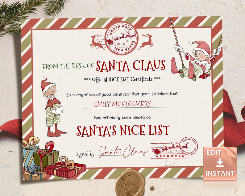 Editable Santa Claus Official Nice List Certificate Letter - Etsy