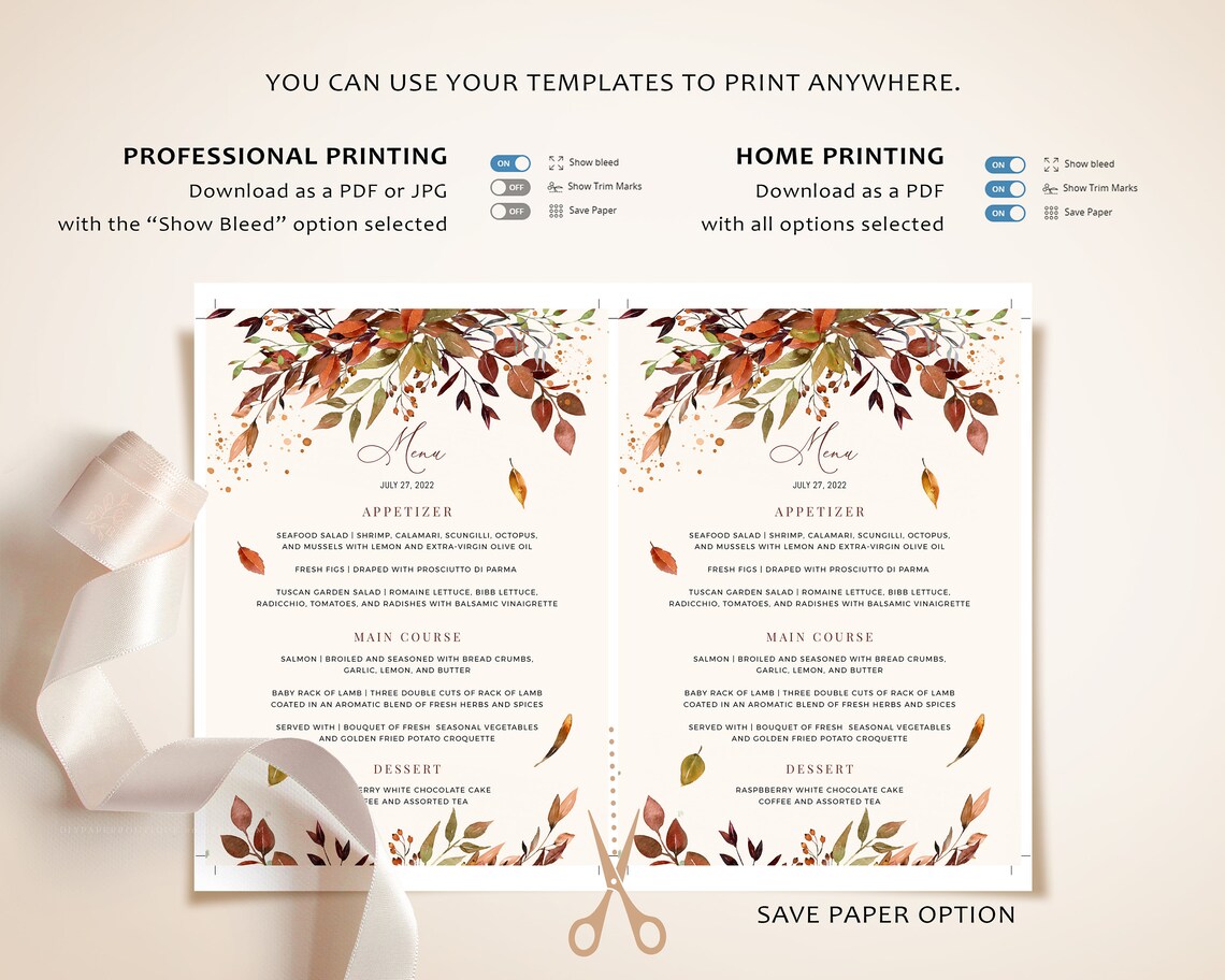 SIENNA Fall Wedding Menu Cards Template Autumn Greenery | Etsy