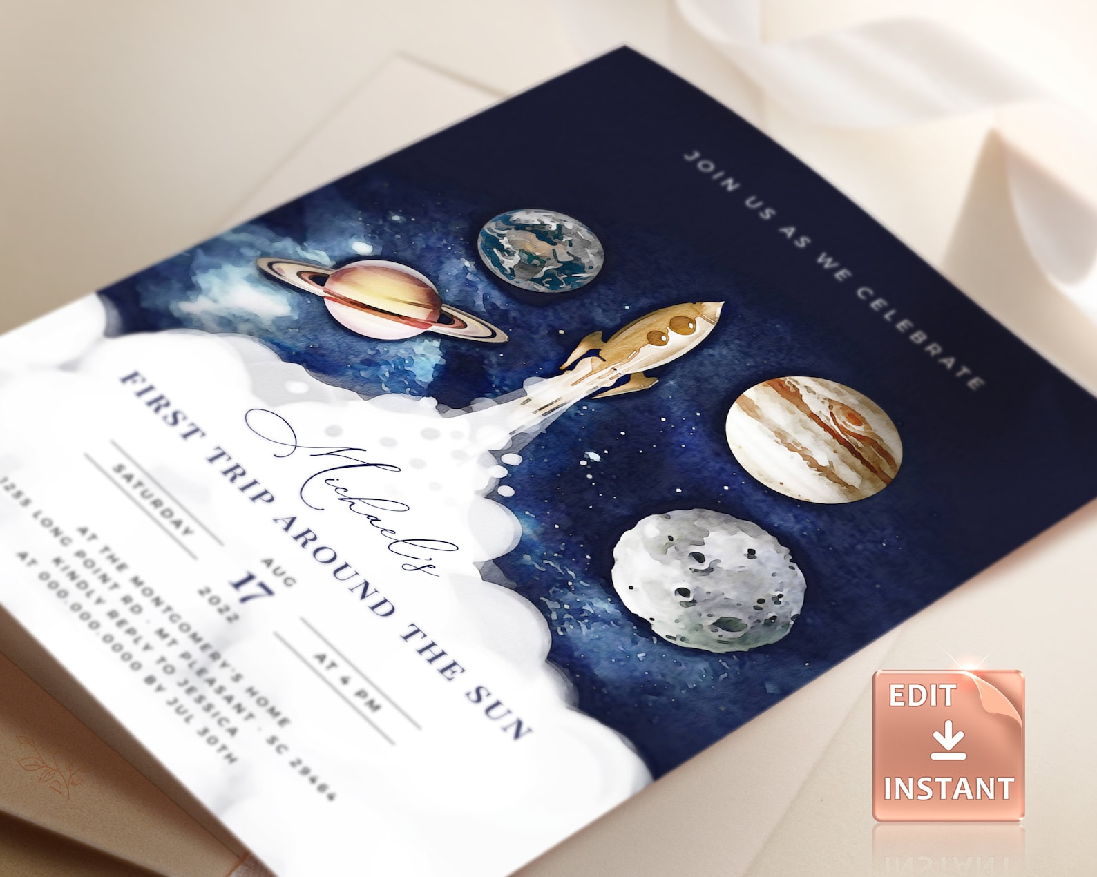 Galaxy First Birthday Invitation: Outer Space Rocket (digital Download ...