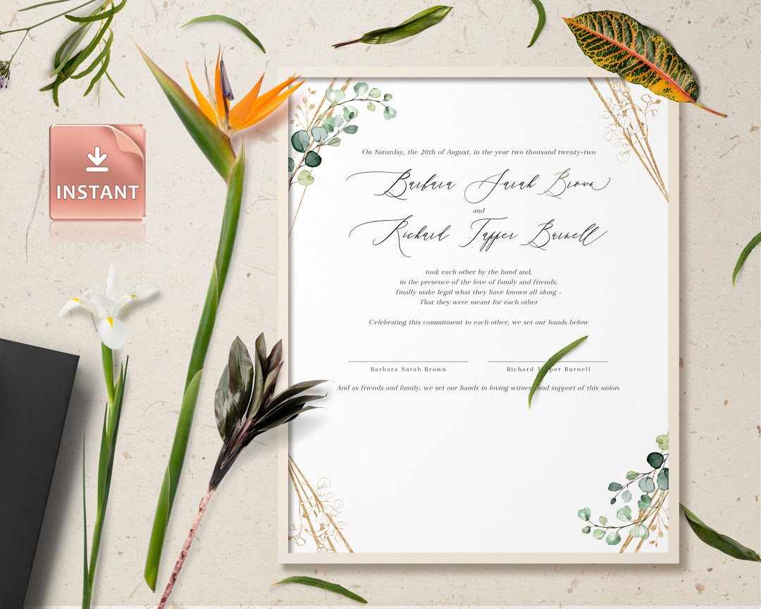 ELISA - Calligraphy Greenery Marriage Certificate Template, Printable ...