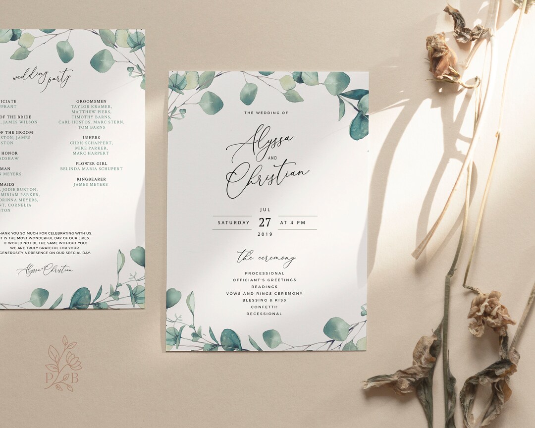 LAILA - Bohemian Wedding Program Template With Watercolor Eucalyptus ...