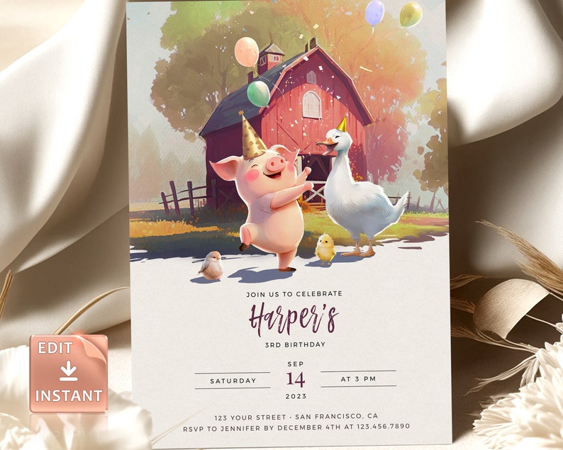 Farm Animals Birthday Invitation Barn Party Invite Template - Etsy