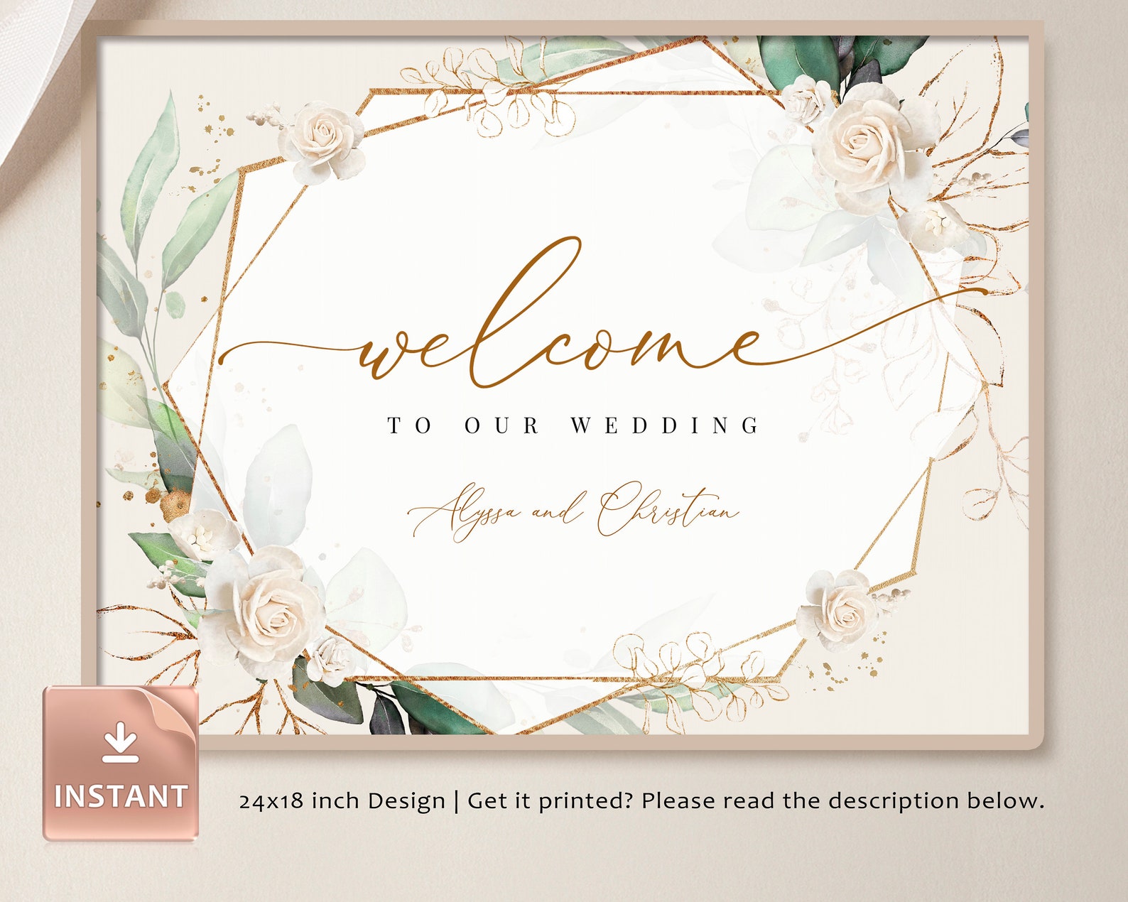 MARCI Wedding Welcome Sign White Roses Geometric Faux Gold | Etsy