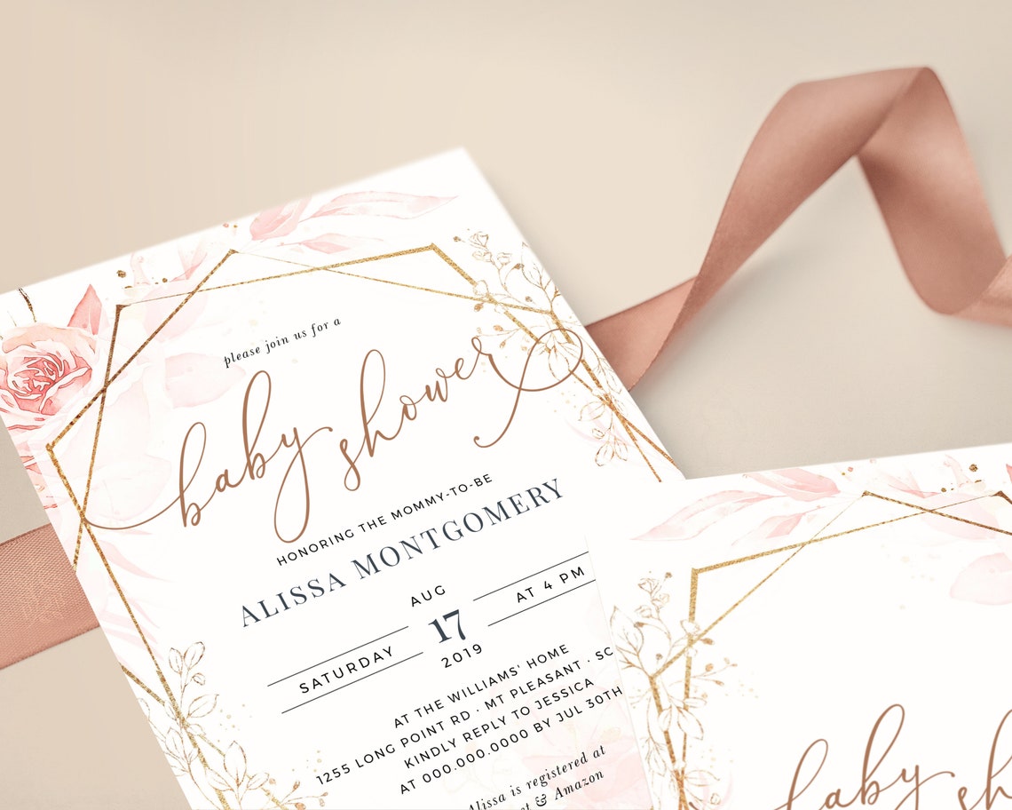LUNA Pink Baby Shower Invitation Geometric Gold Baby Shower | Etsy