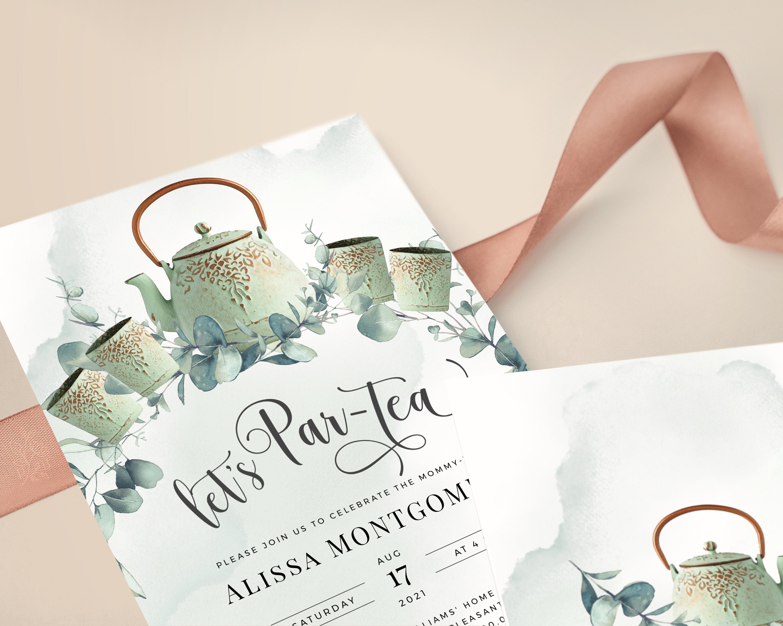 PARTEA Tea Party Invitation Bundle Tepot Cups Greenery Baby | Etsy