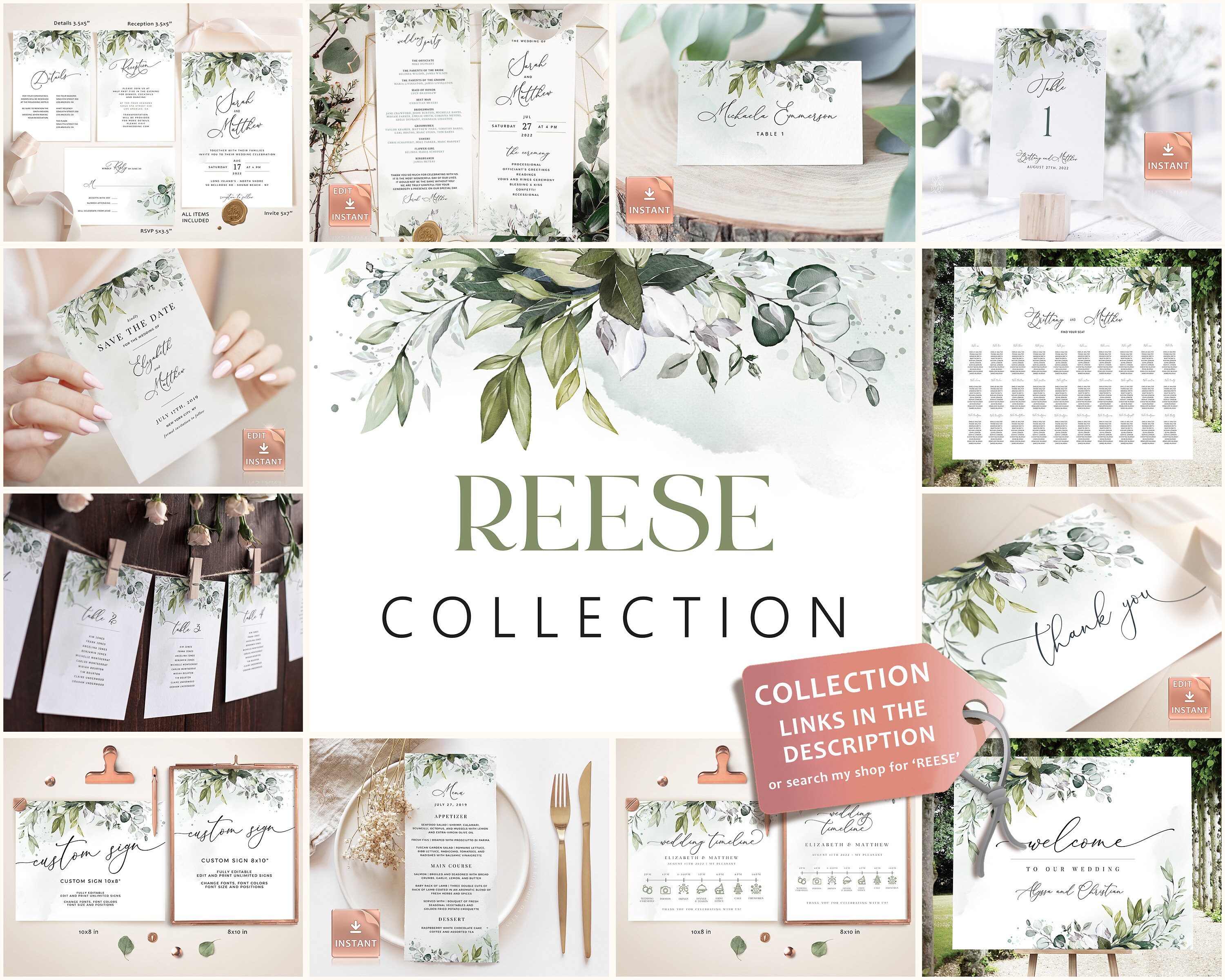 Eucalyptus Wedding Name Cards: Watercolor Greenery, Editable Template ...
