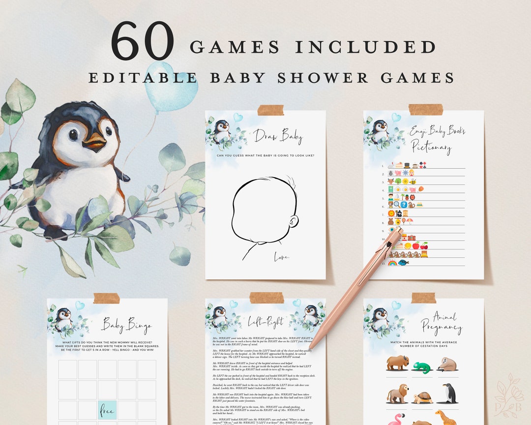 Blue Penguin Baby Shower Games Bundle: 60 Printable Cards (editable) - Etsy