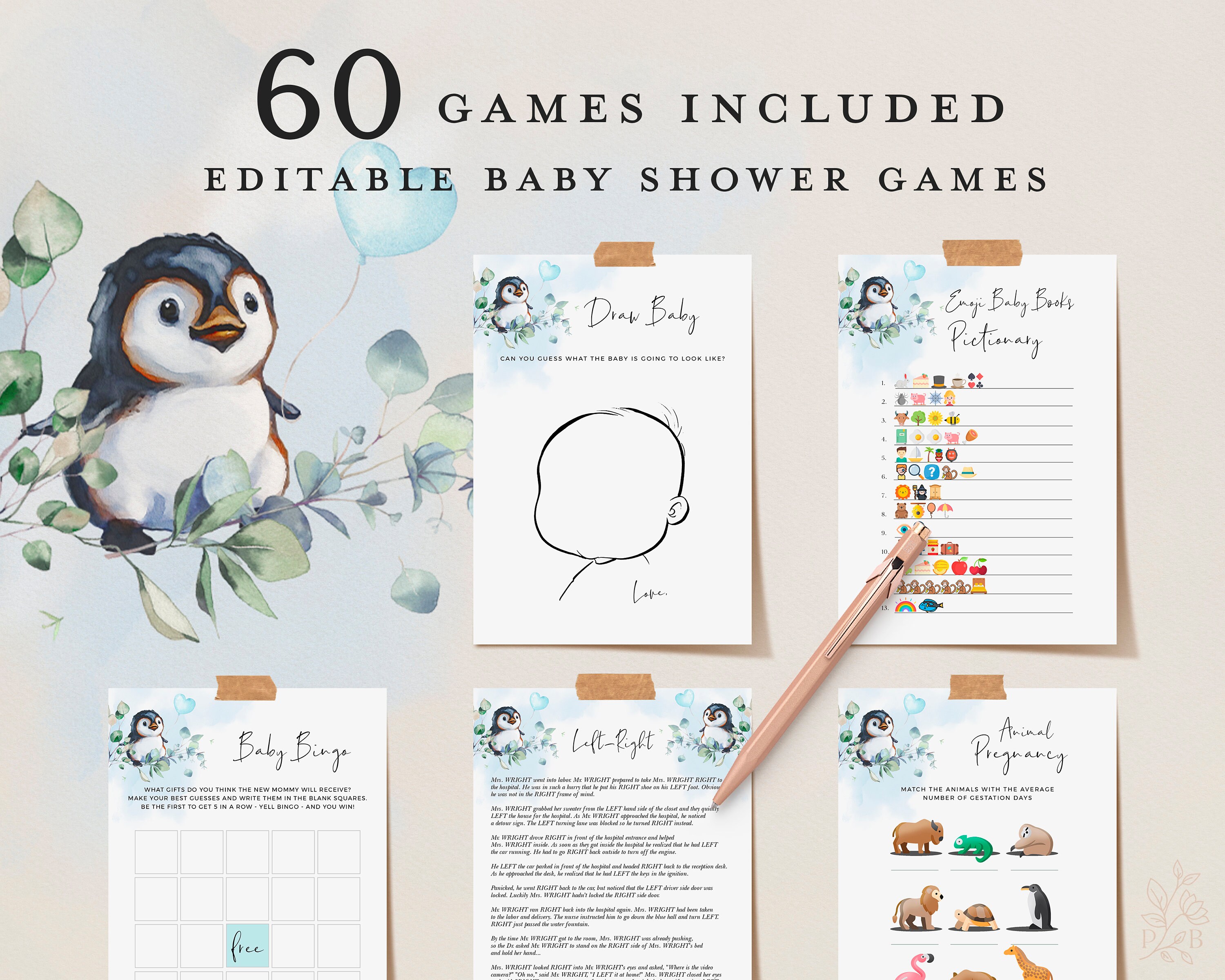Blue Penguin Baby Shower Games Bundle: 60 Printable Cards (editable) - Etsy