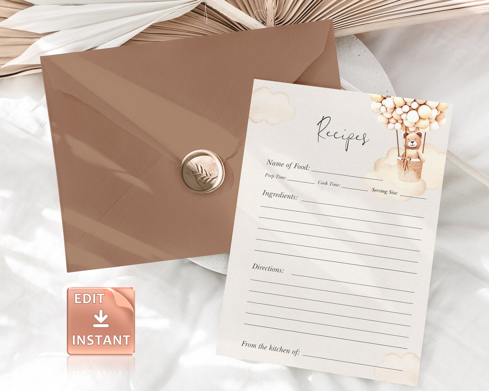 Teddy Bear Recipe Card Boho Recipe Request Insert Instant | Etsy