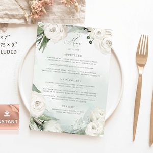 NEVE - White Roses Printable Menu Card, Greenery Wedding Menus ...