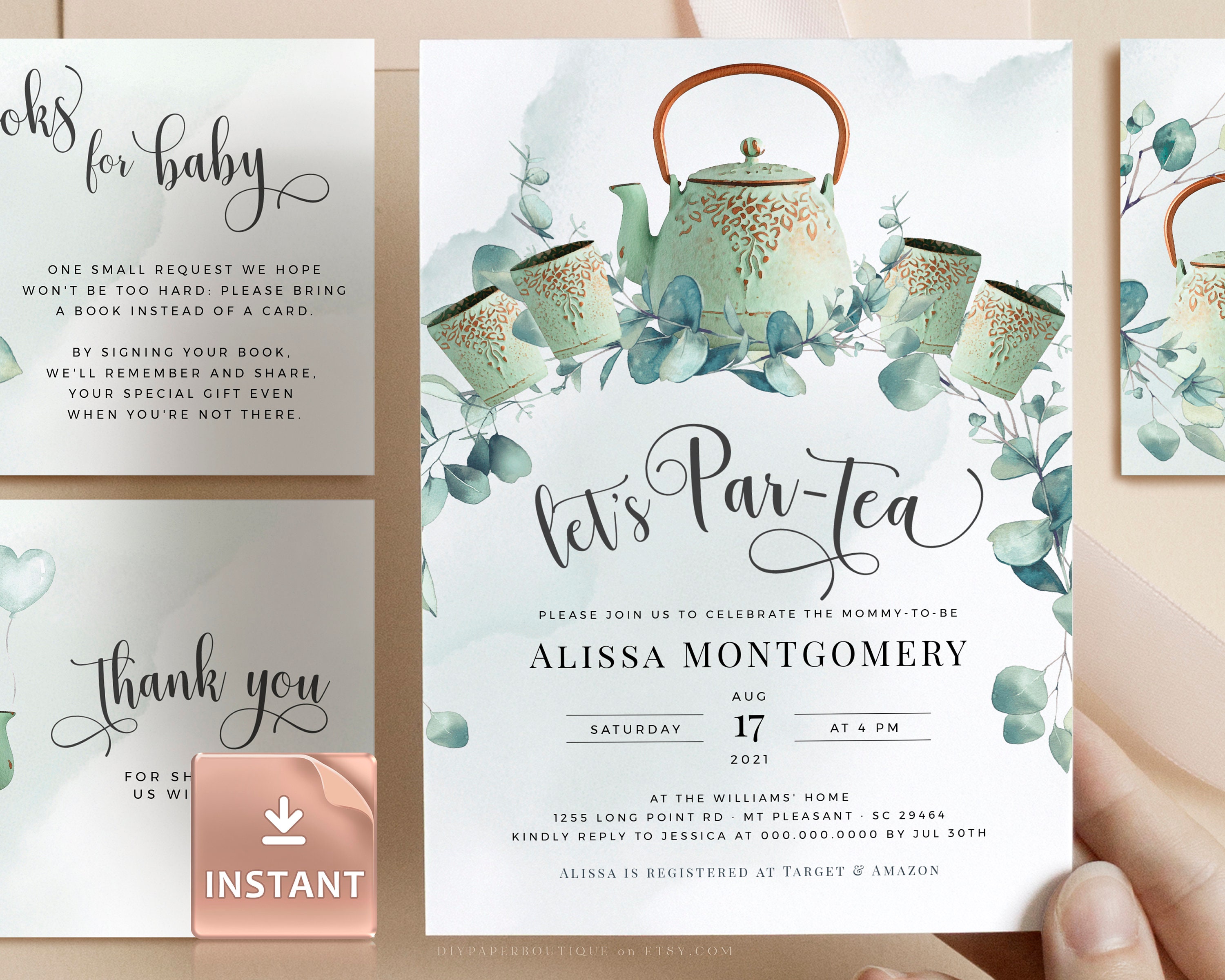 PARTEA Tea Party Invitation Bundle Tepot Cups Greenery Baby | Etsy