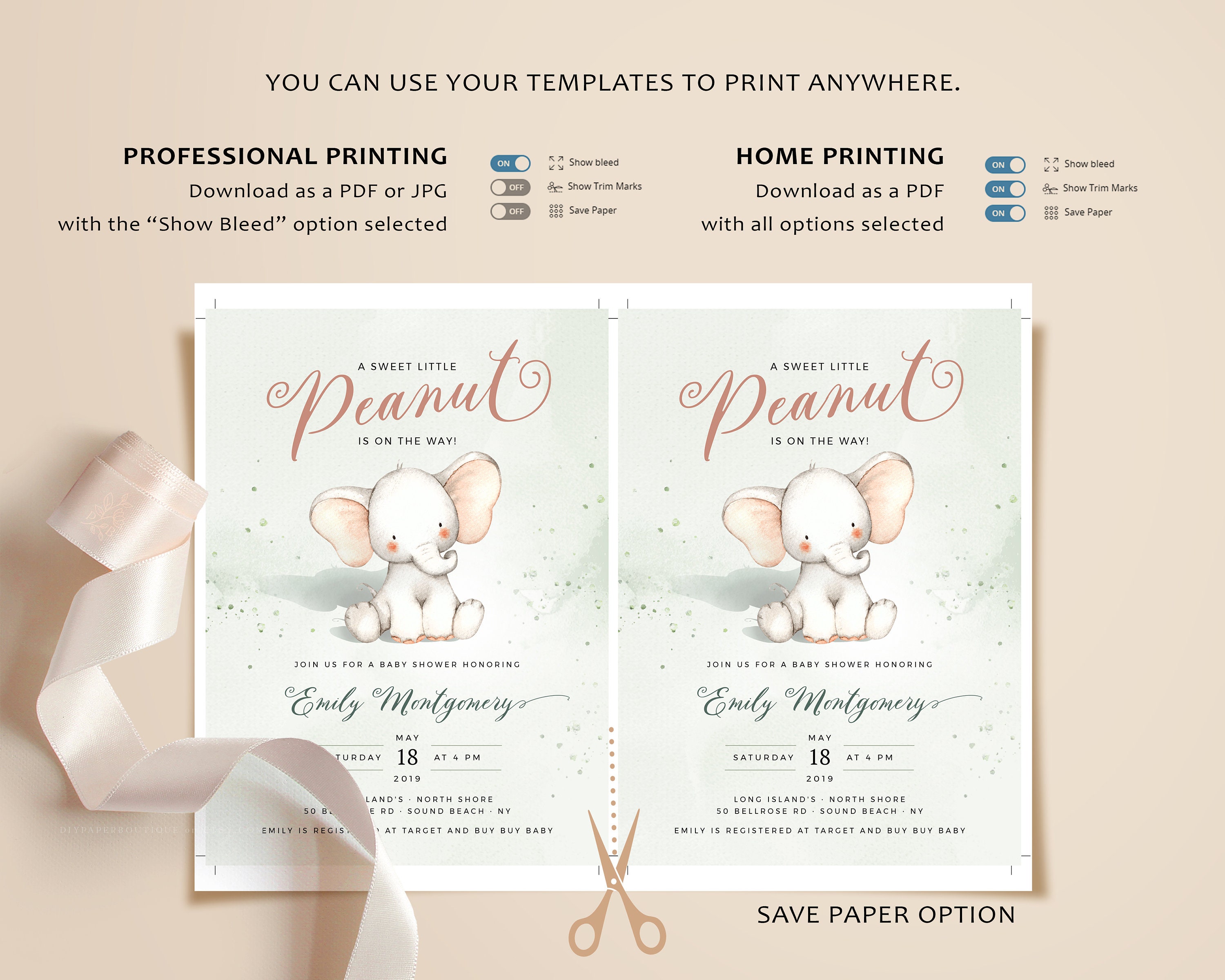 Elephant Baby Shower Invitation Printable Invite Set DIY | Etsy