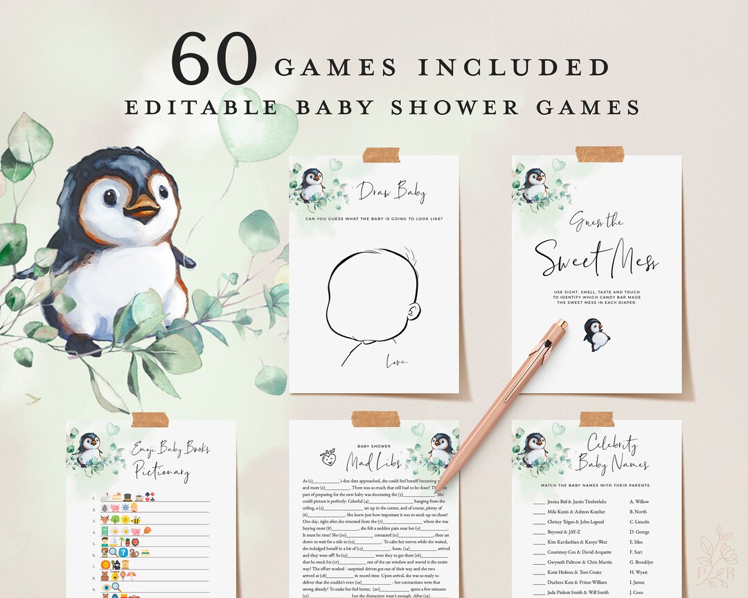 CARUSO Penguin Baby Shower Games, Editable Baby Shower Games, Penguin ...