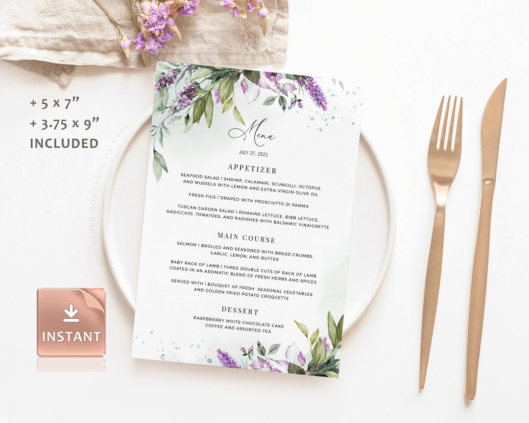 LAMI - Lavender Menu Cards Template, Purple Wedding, Bridal Shower ...