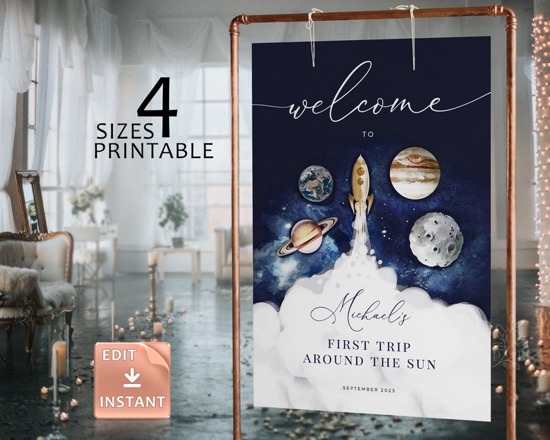 Outer Space First Birthday Welcome Sign Editable Galaxy Blast - Etsy