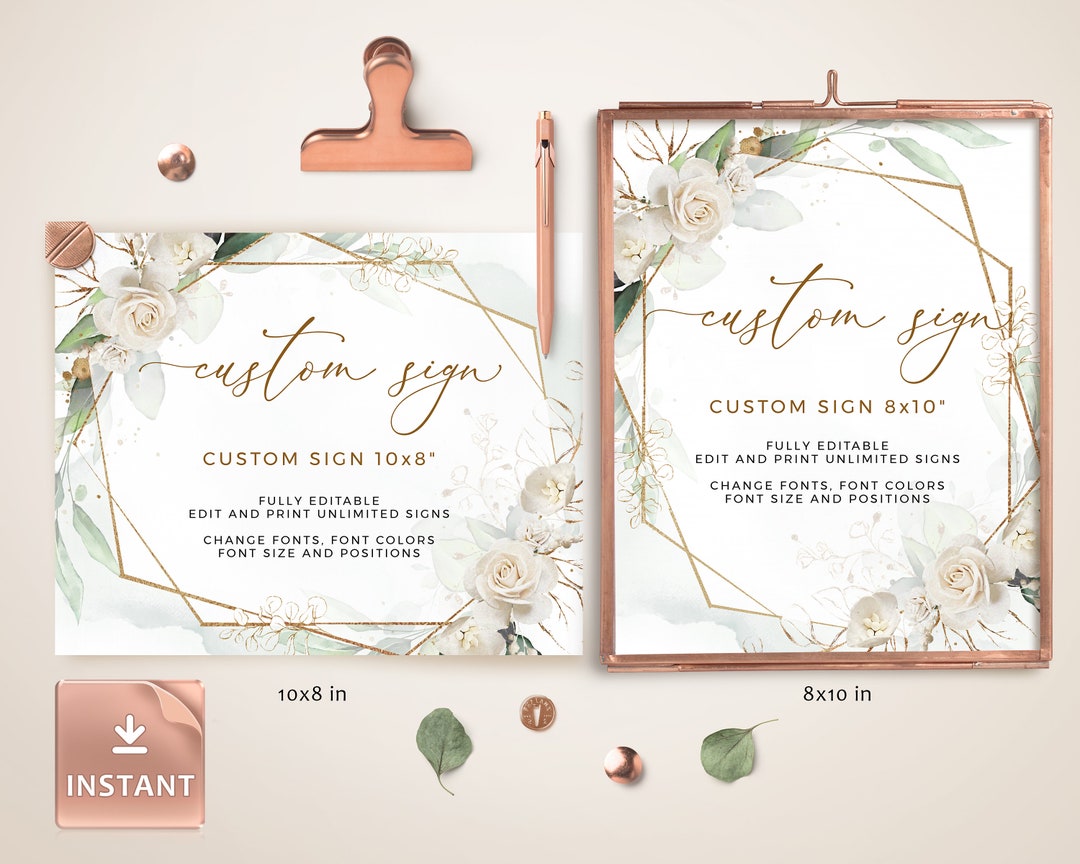 MARCI - White Rose Greenery Custom Wedding Sign, Editable Template ...