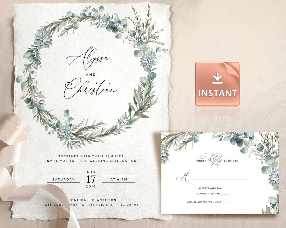 ROMA - Bohemian Invitation Template Set With Rosemary Eucalyptus ...
