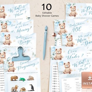 FUZZY - Blue Bear Baby Shower Games, Editable Baby Shower Games, Bear ...