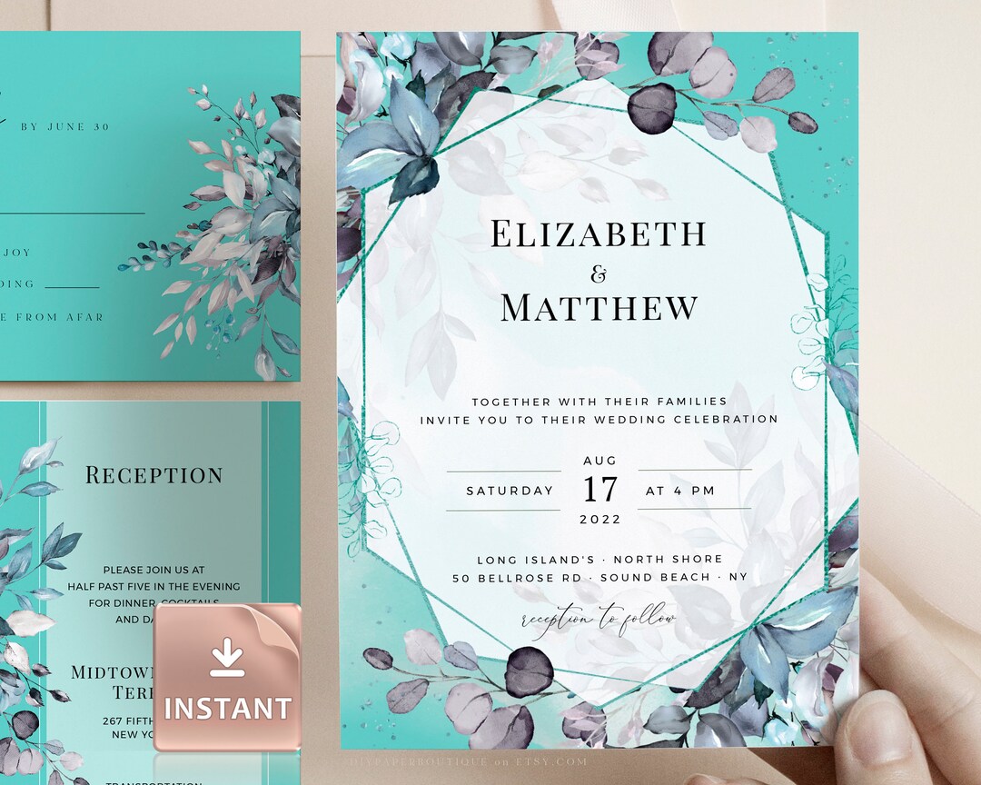 Turquoise Wedding Invitation Template, Printable Wedding Invite ...