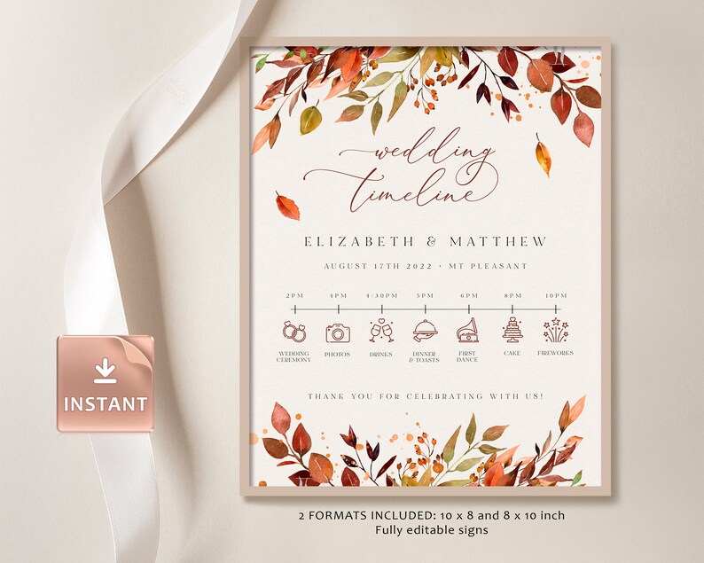 SIENNA Fall Wedding Day Schedule Editable Sign Template | Etsy