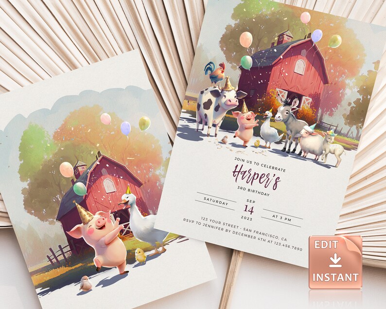 Farm Animals Birthday Invitation: Editable Barnyard Party (digital ...