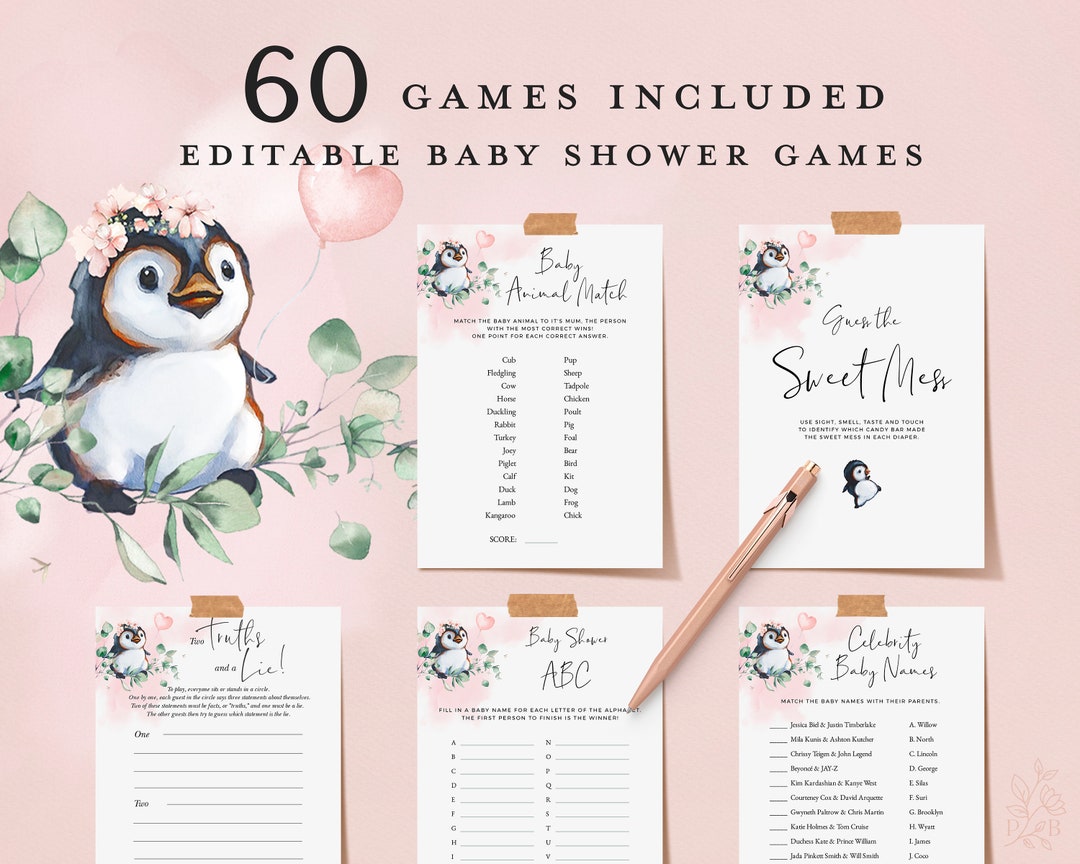 CARUSA Pink Penguin Baby Shower Games Editable Baby Shower - Etsy