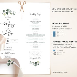 Minimalist Boho Wedding Programs Template, Watercolor Eucalyptus ...