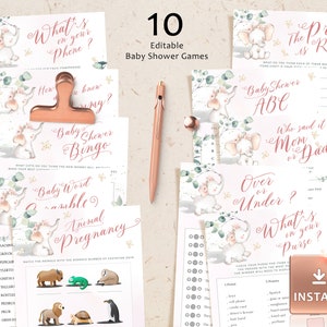 Pink Elephant Baby Shower Games Bundle: Editable Printable (download ...
