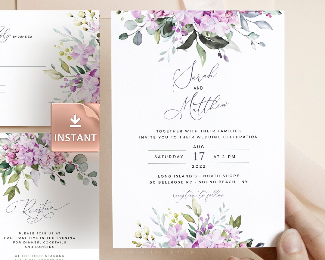 Lilac Wedding Invitation Template: Watercolor Greenery (instant ...