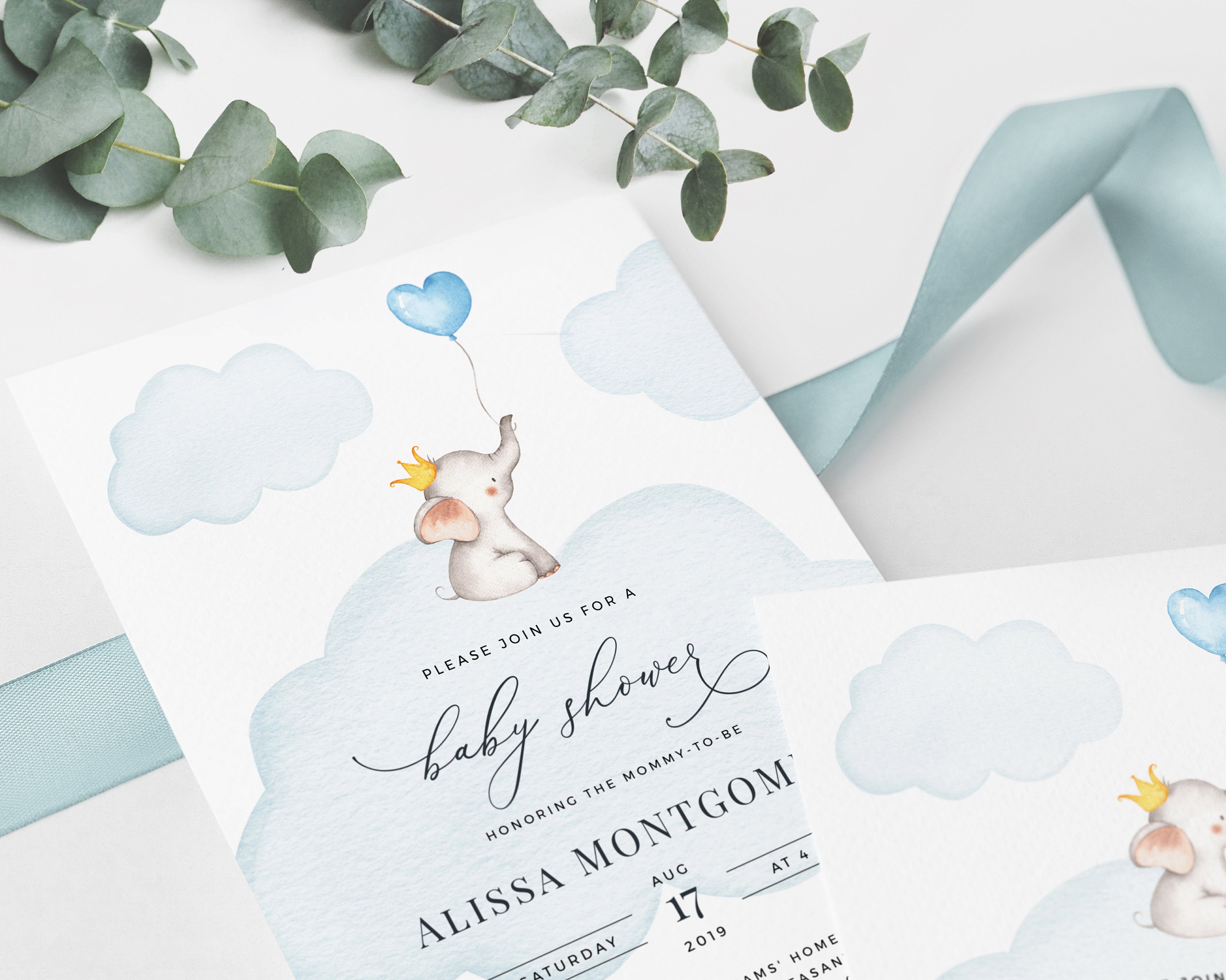 Elephant Baby Shower Invitation Template Custom Blue Baby | Etsy