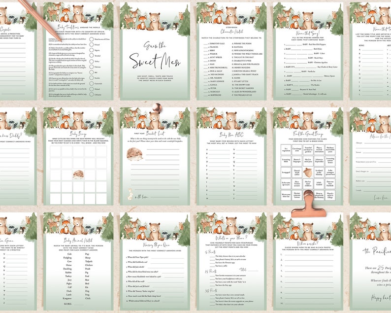Woodland Baby Shower Games Bundle: 60 Printable Animal Games (editable ...