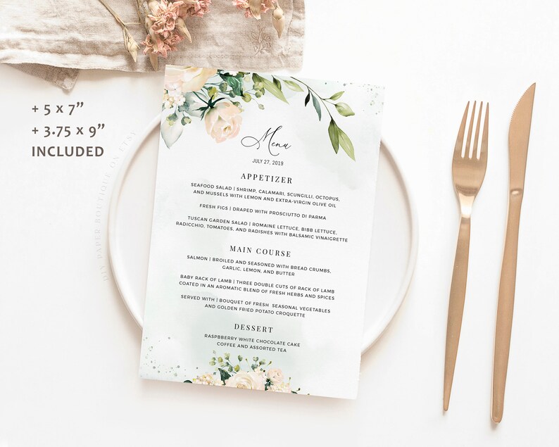 NEVE White Rose Menu Card Printable Greenery Wedding Menus - Etsy