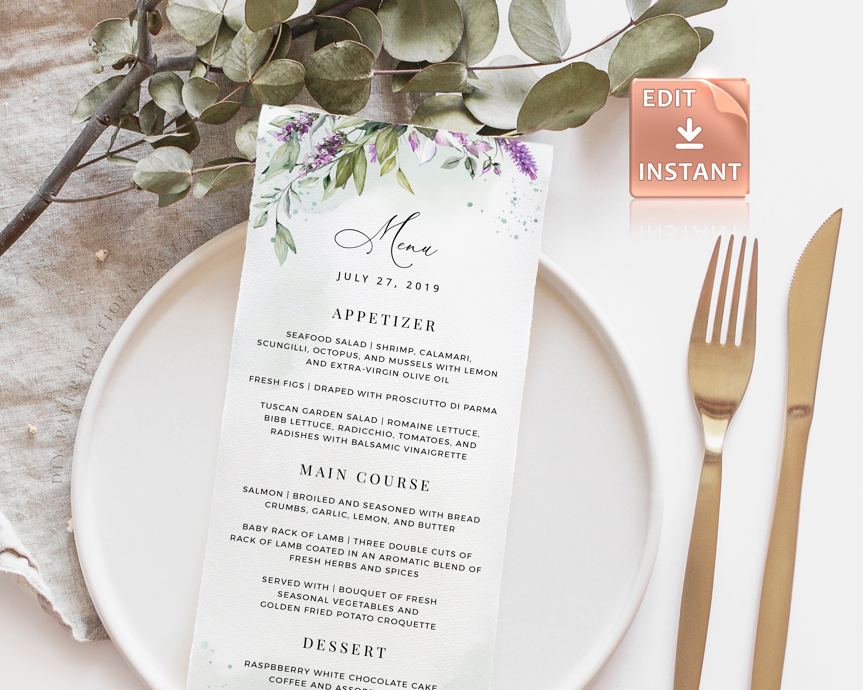 LAMI Lavender Menu Cards Template Purple Wedding Bridal | Etsy