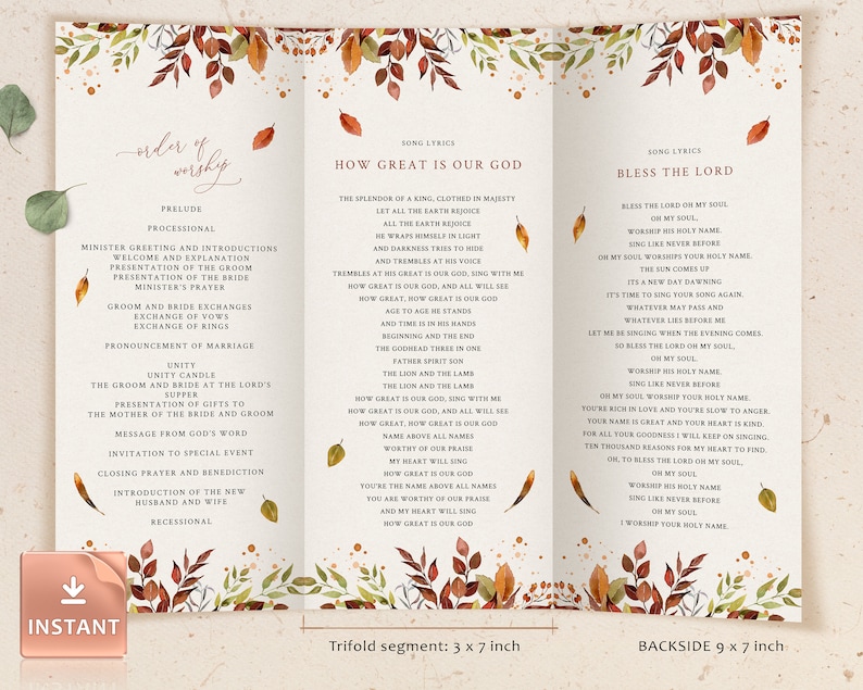 Fall Leaves Wedding Program: Boho Autumn Trifold Template (editable) - Etsy