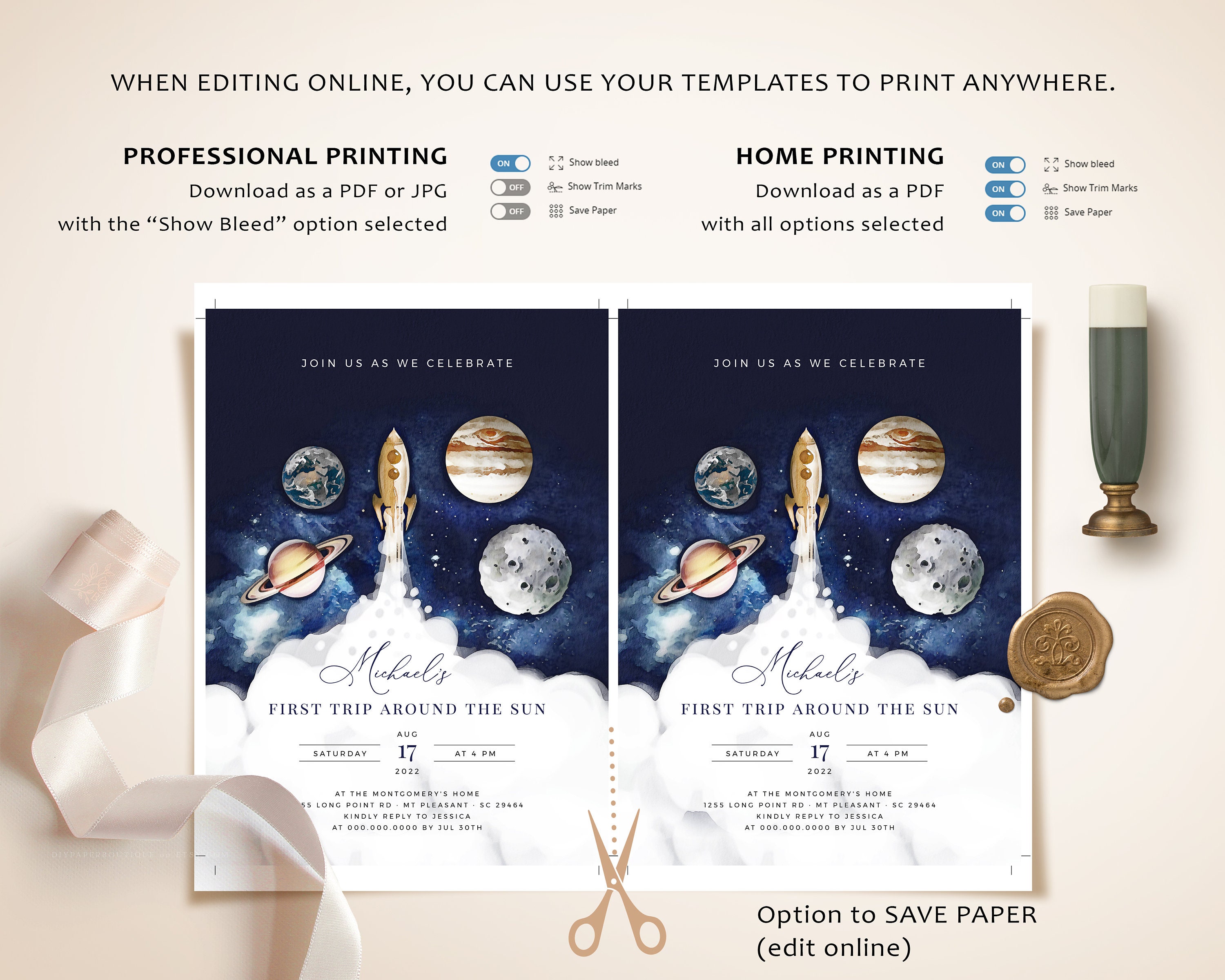 Galaxy First Birthday Invitation: Outer Space Rocket (digital Download ...