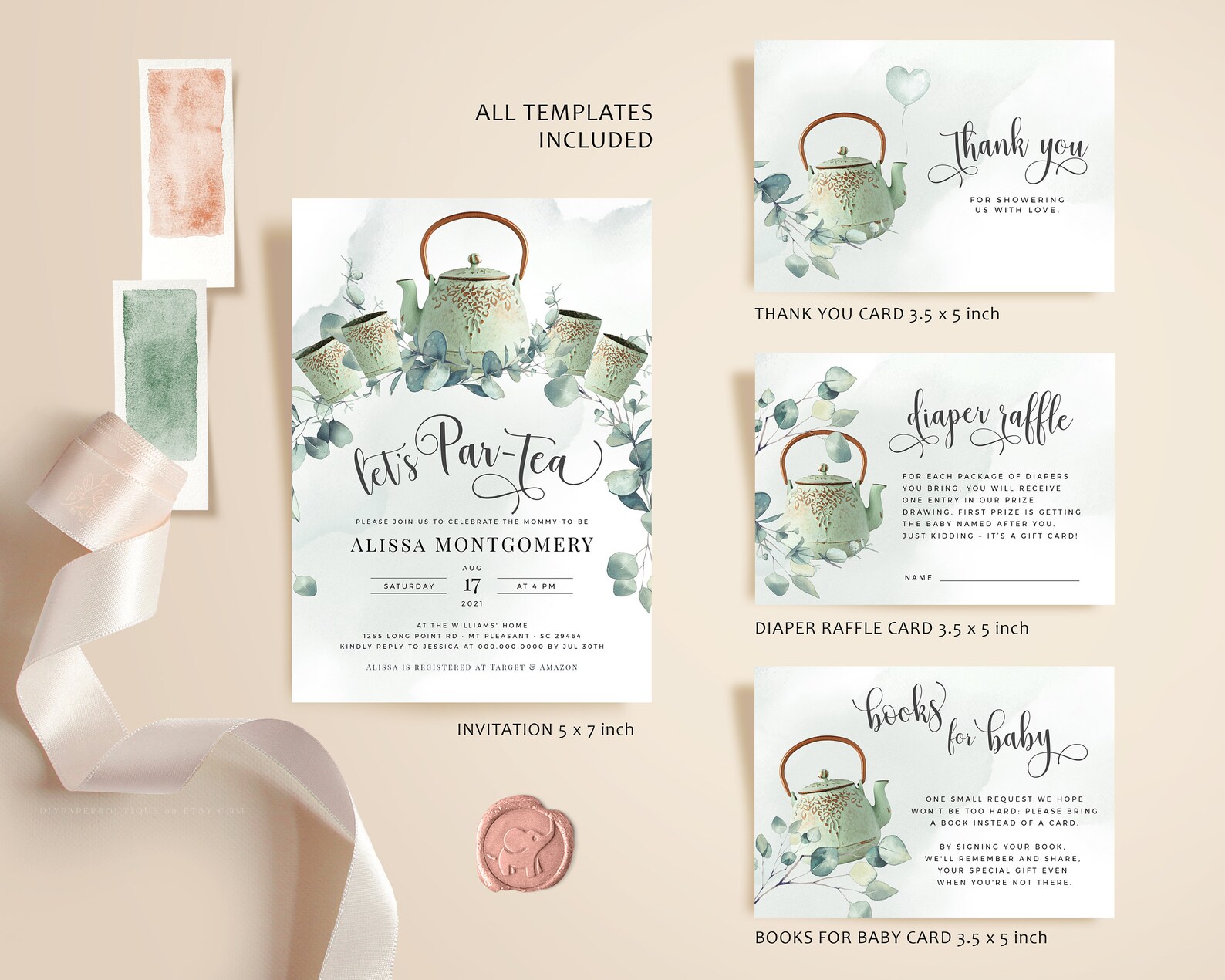PARTEA Tea Party Invitation Bundle Tepot Cups Greenery Baby - Etsy