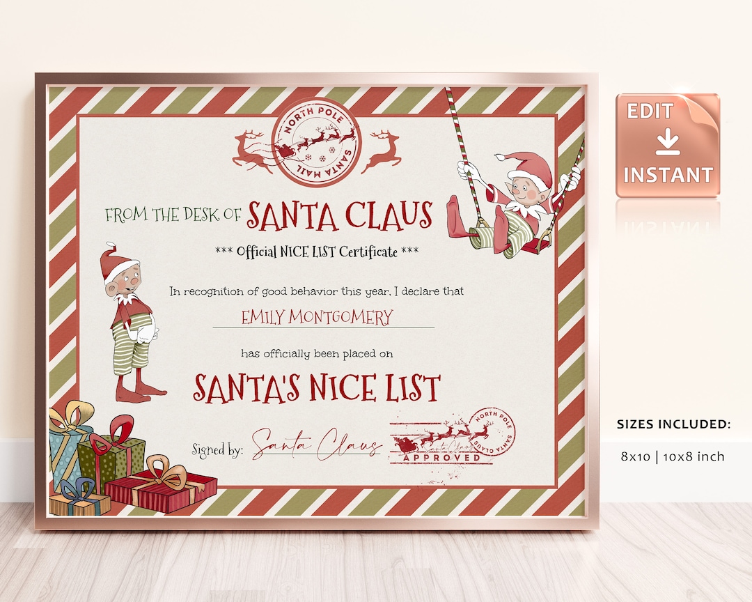 Editable Santa Claus Official Nice List Certificate Letter From Desk ...