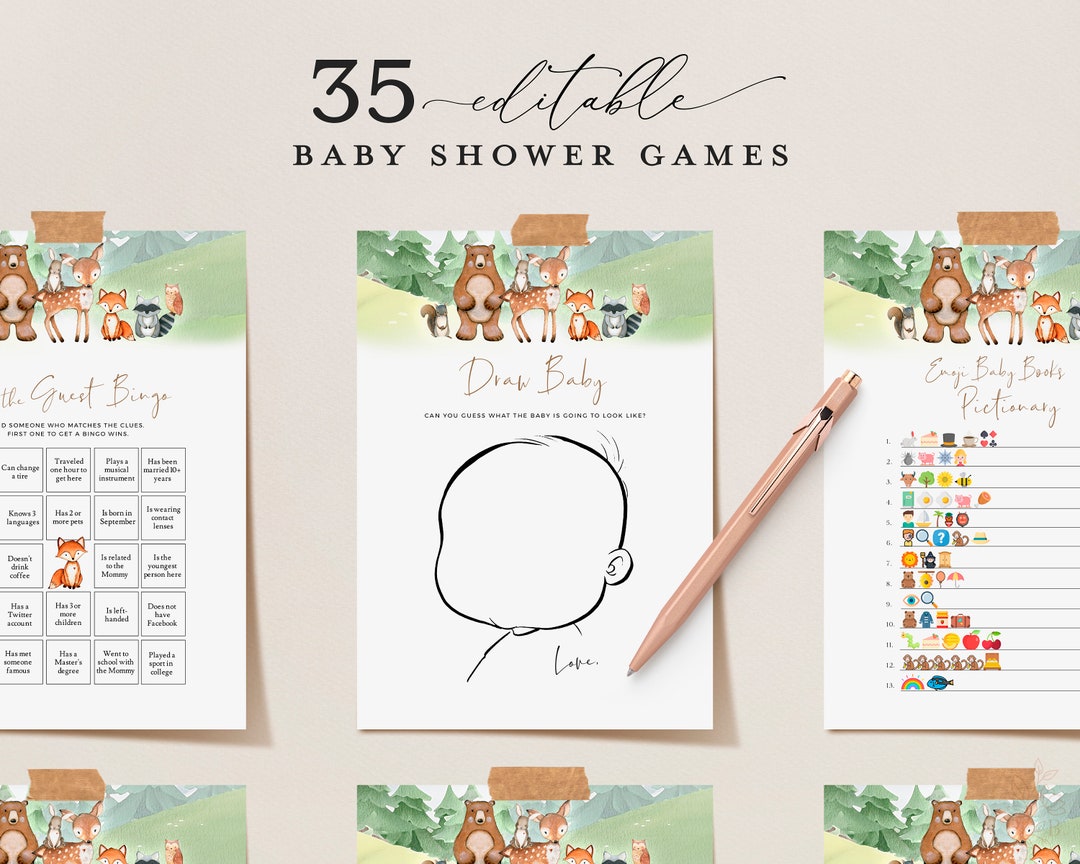 WOODLAND 35 Printable Baby Shower Games, Item Game, Celebrity Baby ...