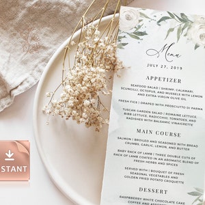 NEVE - White Roses Printable Menu Card, Greenery Wedding Menus ...