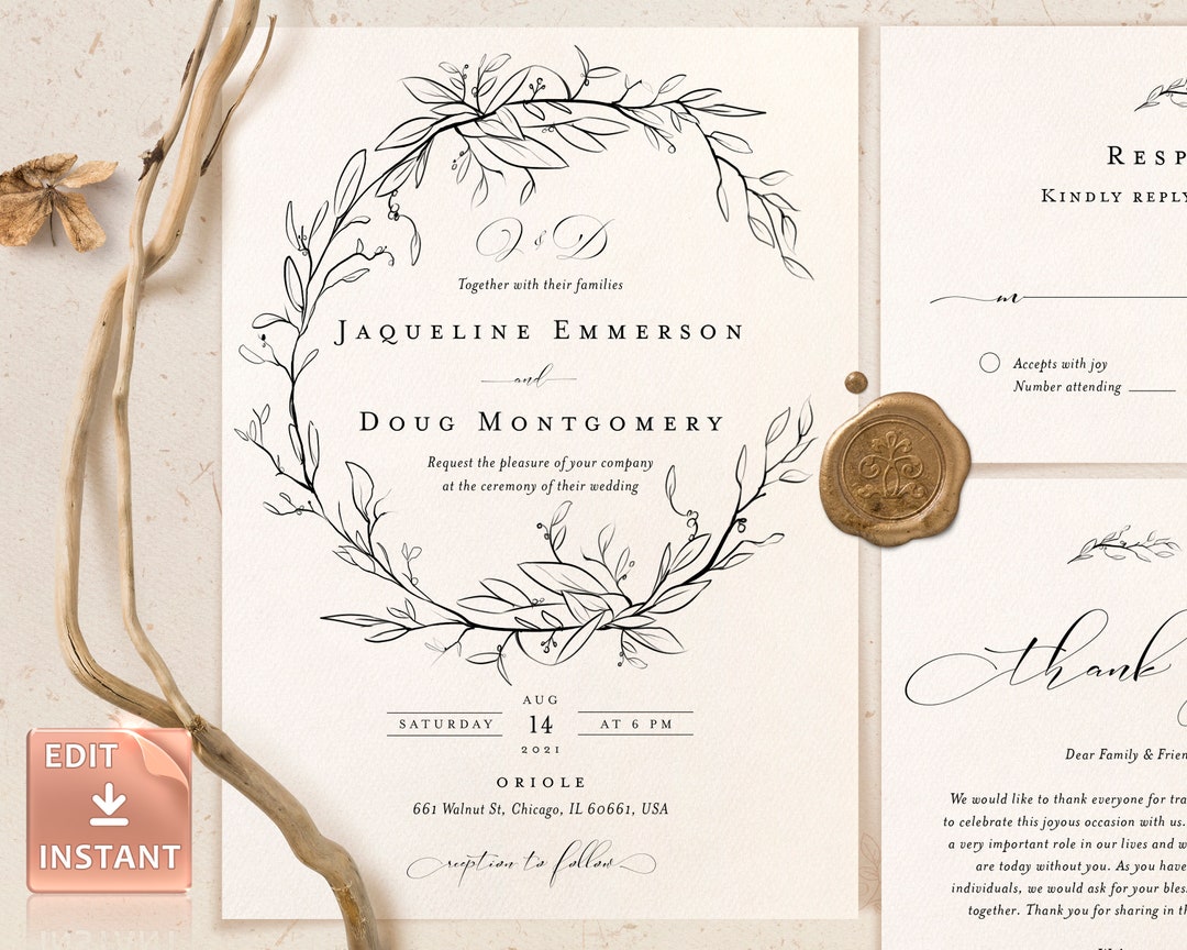 ELLE - Monogram Wedding Invitation Template, Simple Elegant Printable ...