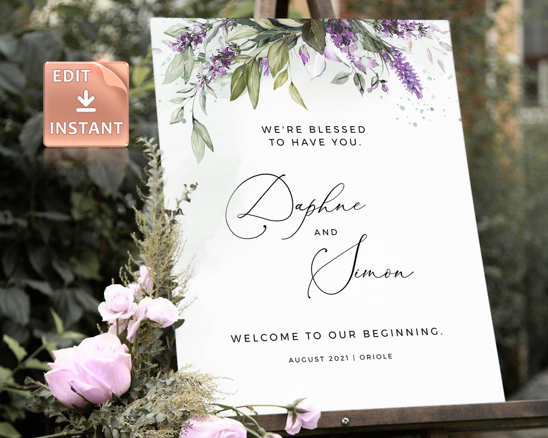 Lavender Greenery Wedding Welcome Sign: Watercolor Floral (printable ...