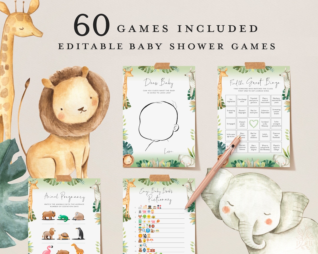 SAFARI Baby Shower Games, Editable Animal Baby Shower Games Bundle ...