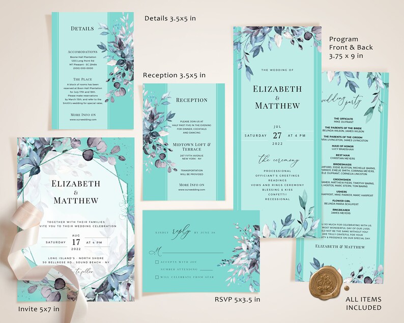 Turquoise Wedding Invitation Template Printable Wedding - Etsy