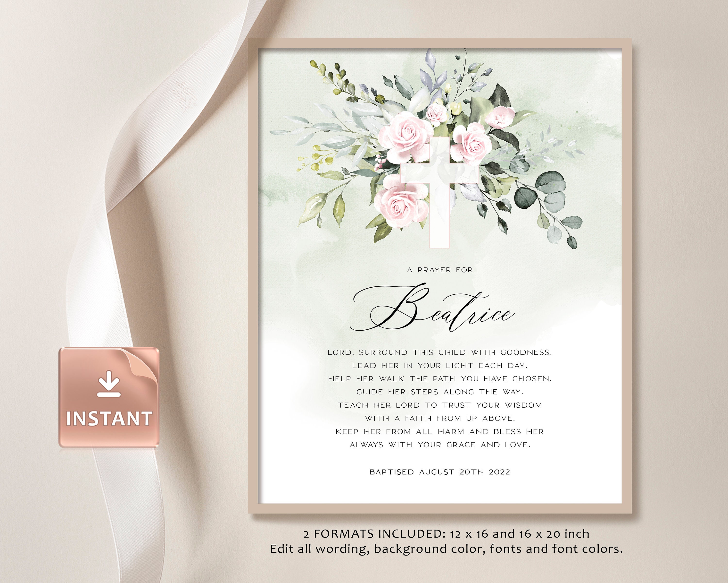 Pink Rose Baptism Prayer Sign for Girl Personalized Prayer | Etsy