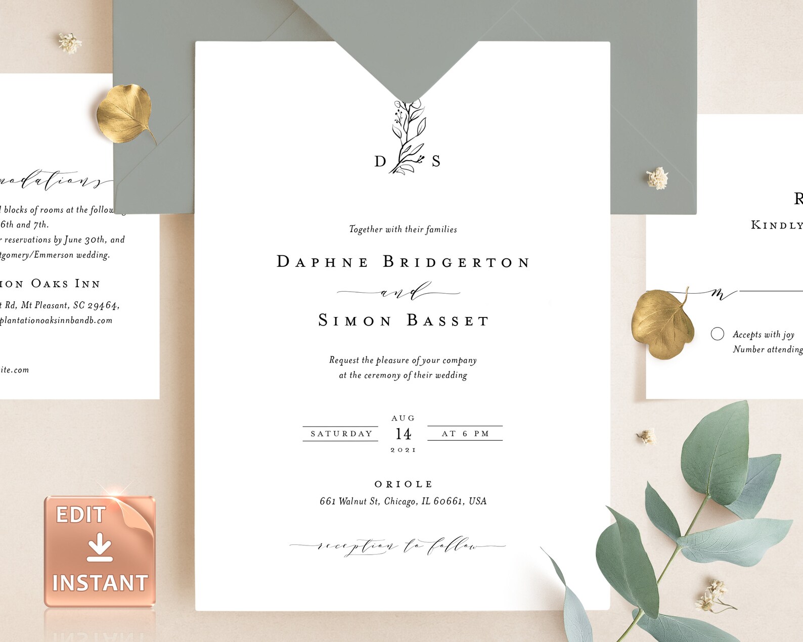 ELLE Monogram Wedding Invitation Template, Delicate Elegant Printable ...