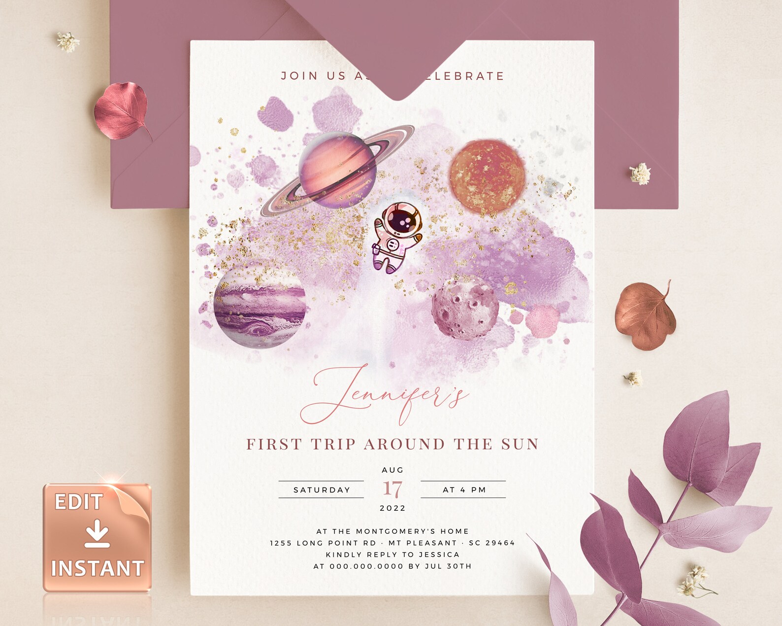 Pink Outer Space First Birthday Invitation Editable Galaxy - Etsy